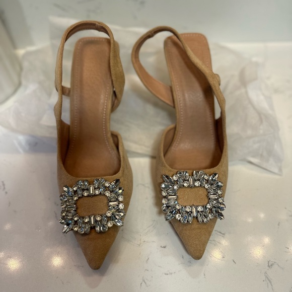 Shoes | Tan Slingback Heels With Crystal Embellishment | Poshmark